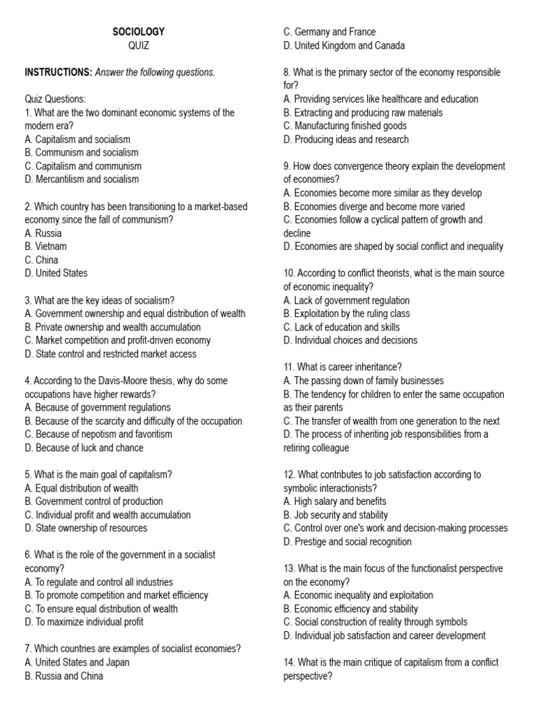 ECONOMIC SYSTEMS QUIZ - Sociology | PDF | Economic System | Capitalism