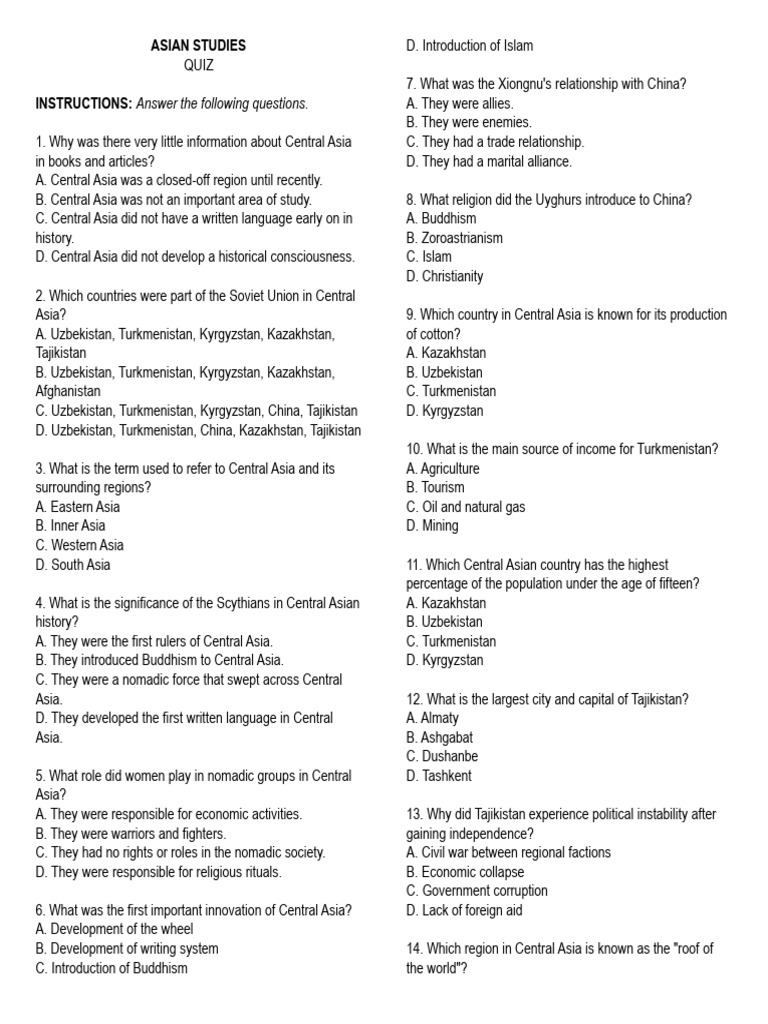 Central Asia Quiz: Key Concepts | PDF | Central Asia | Tajikistan