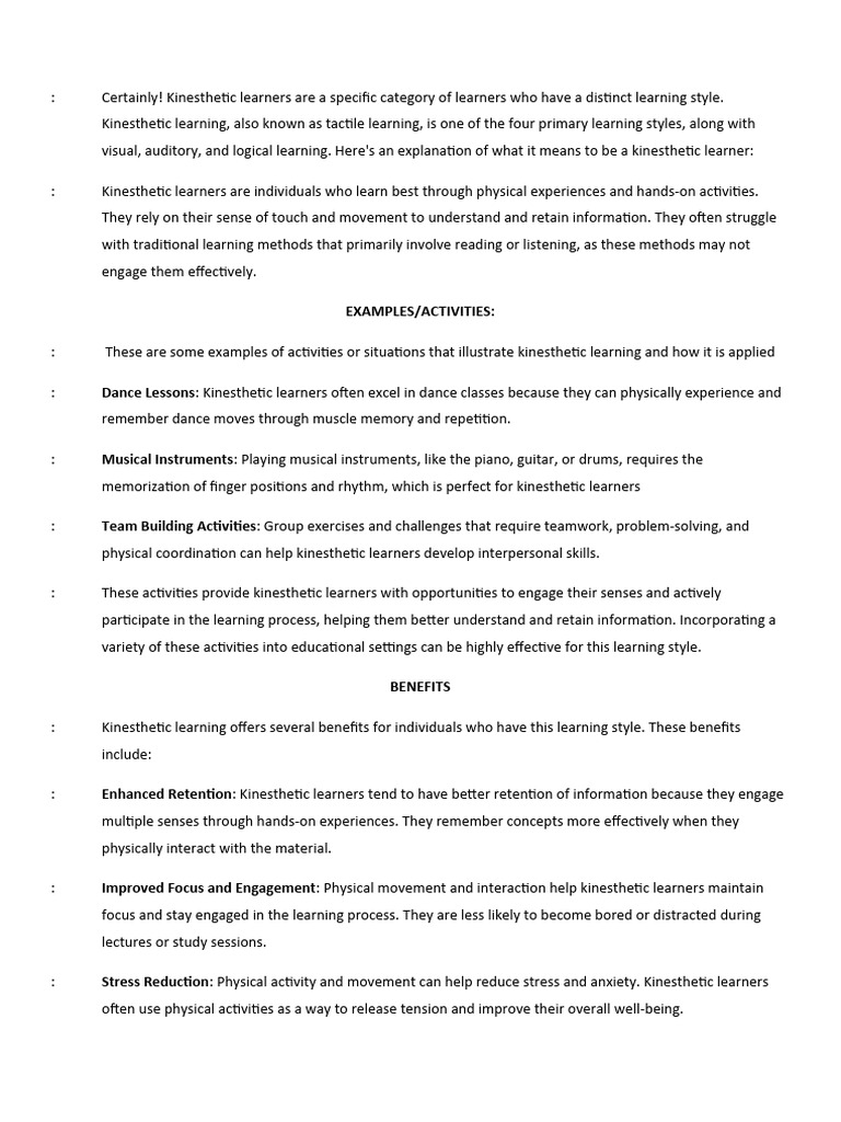 KINESTHETIC | PDF | Learning Styles | Learning