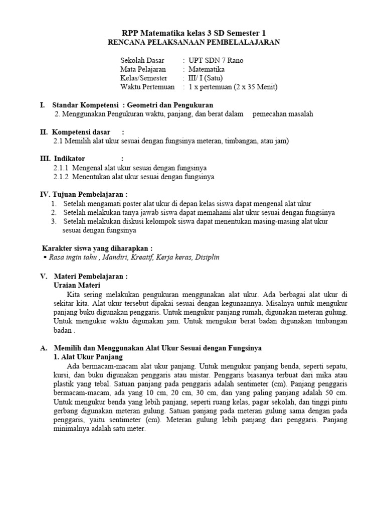 RPP Matematika Kelas 3 SD Semester 1 | PDF