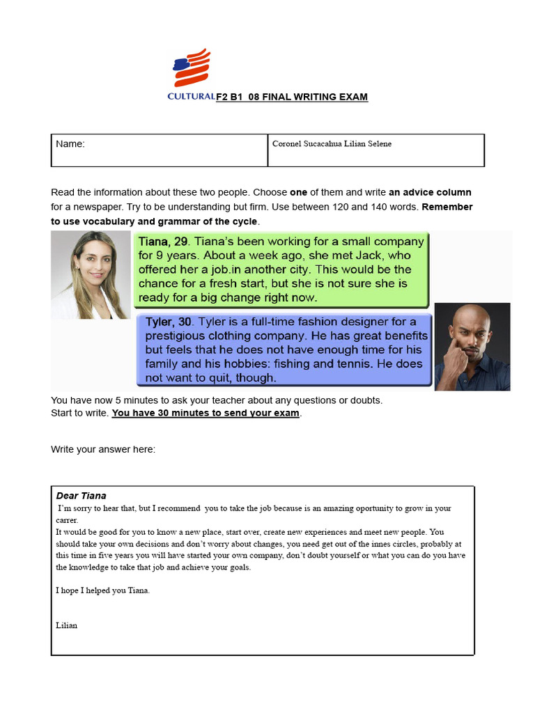 Lilian - F2 B1 - 08 FINAL WRITING EXAM.. | PDF