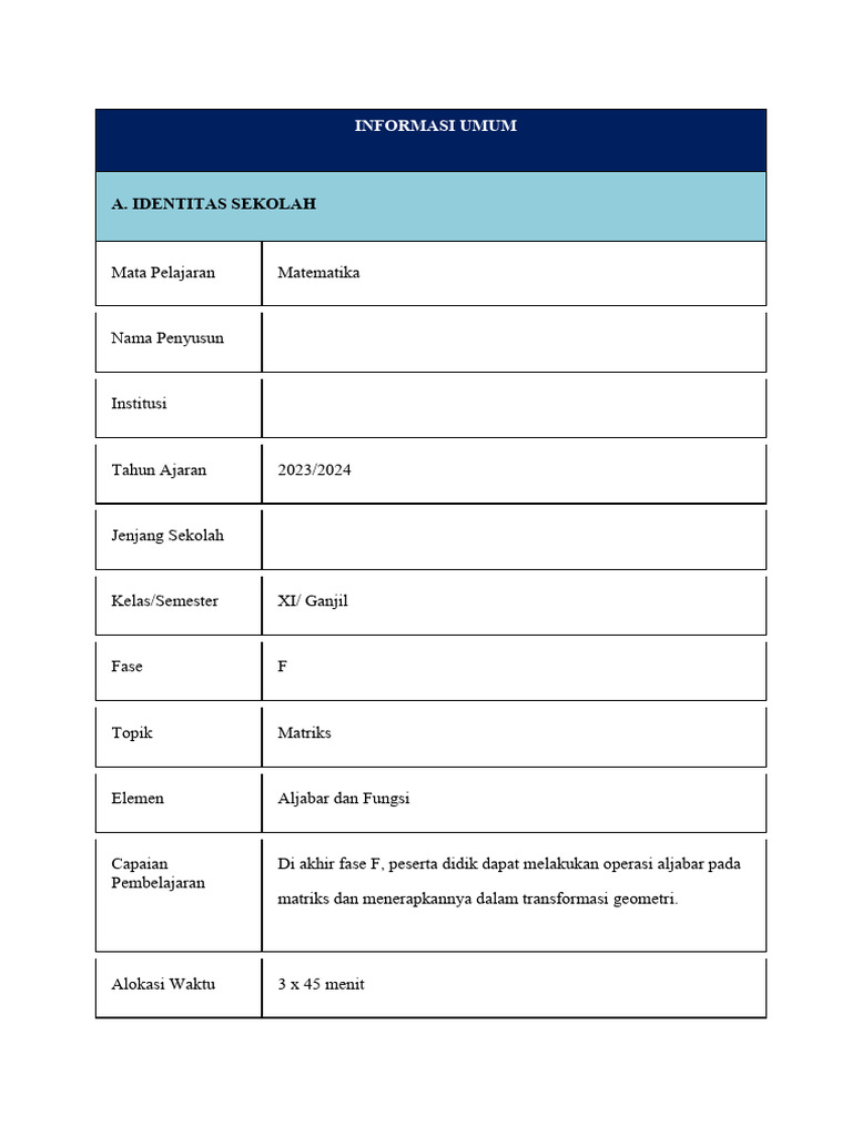 Modul Ajar Operasi Matriks (P) | PDF