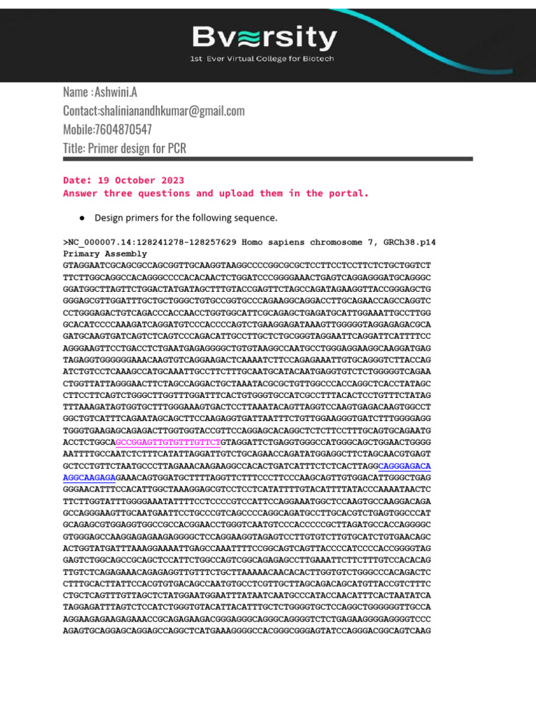 Primer Design For PCR Assignment | PDF | Primer (Molecular Biology) | Polymerase Chain Reaction
