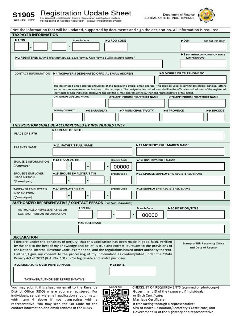 BIR S1905 - Registration Update Sheet | PDF | Taxes | Government BIR S1905 - Registration Update Sheet | PDF | Taxes | Government