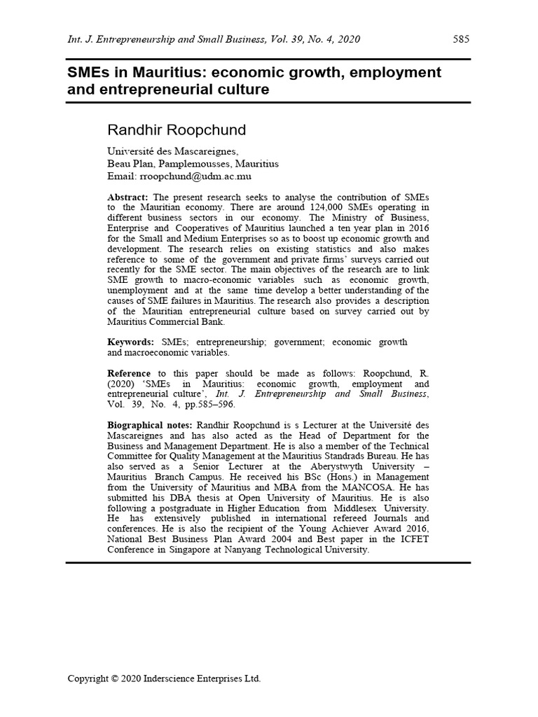 SMEs in Mauritius: Economic Growth, Employment and Entrepreneurial ...