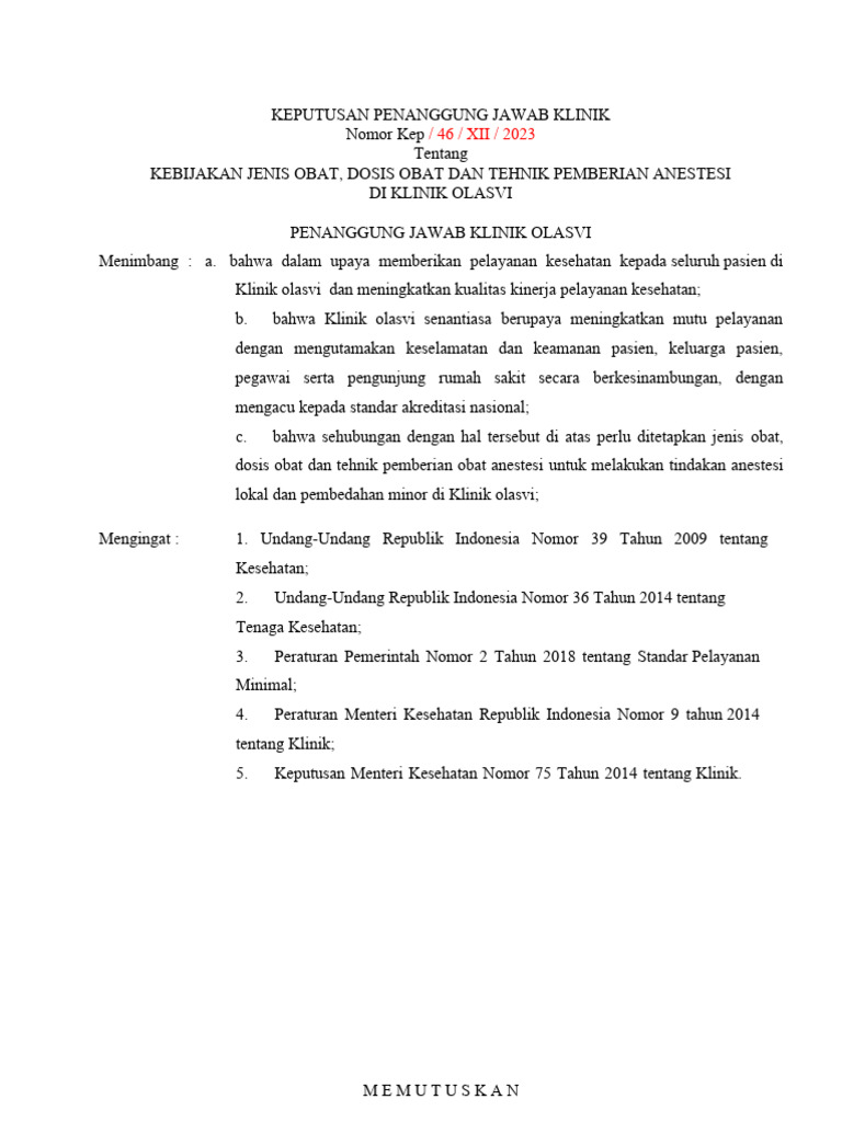 SK Jenis, Dosis Obat Anestesi Dan Bedah | PDF