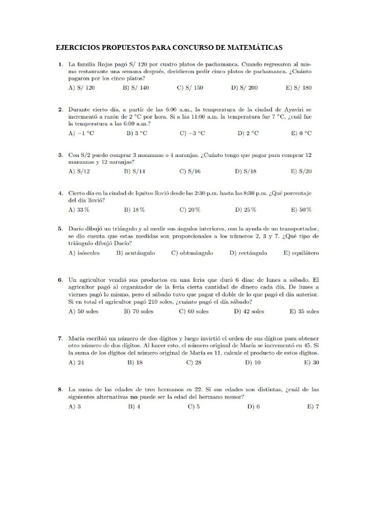 EJERCICIOS PROPUESTOS PARA CONCURSO DE MATEMÁTICAS(SEGUNDO) | PDF