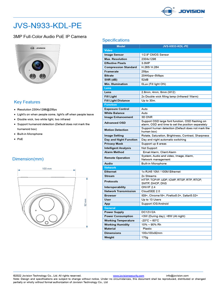 3MP PoE IP Camera JVS-N933-KDL-PE | PDF | Computer Network | Camera