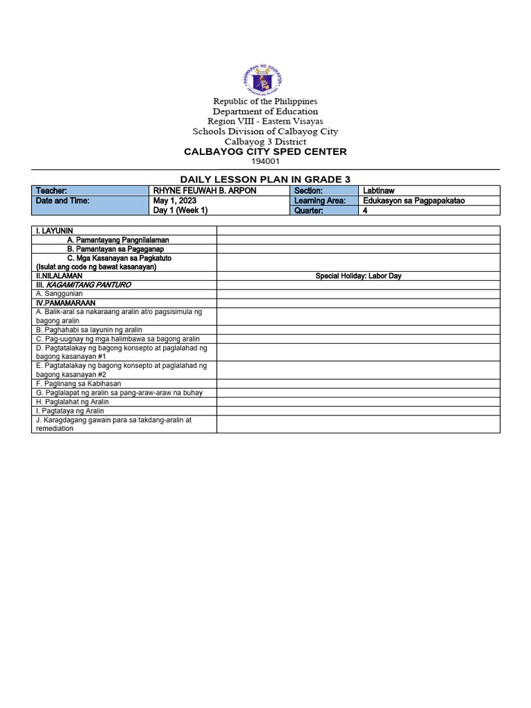 Department of Education Schools Division of Calbayog City Calbayog 3 ...