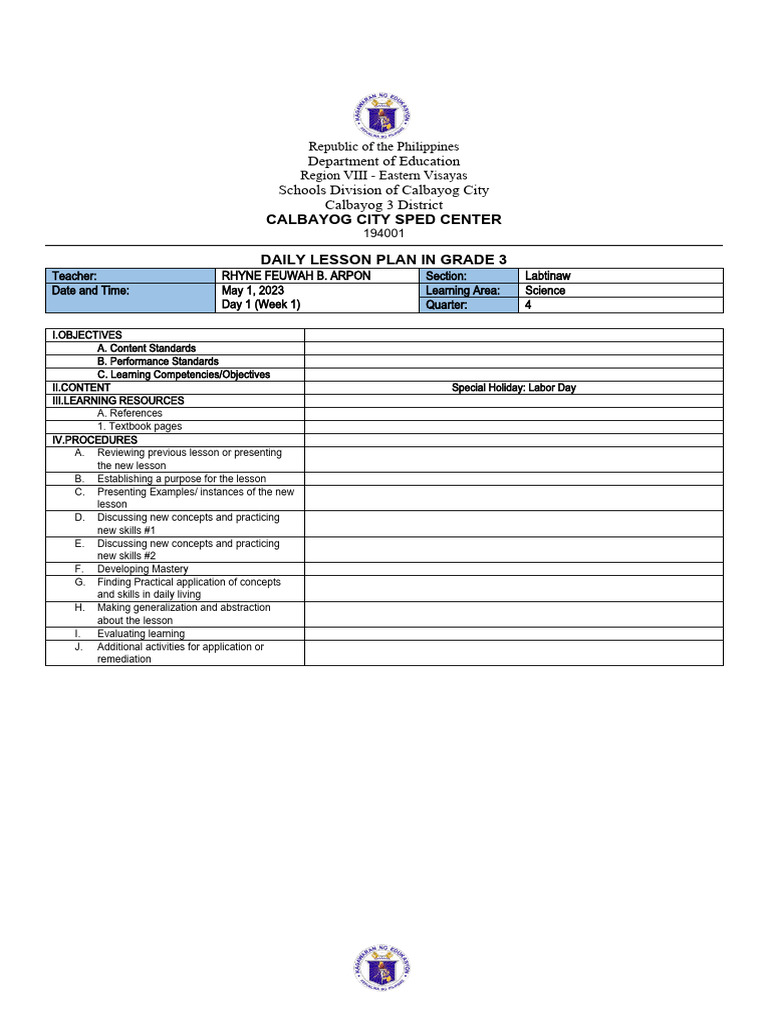 Science 3 Q4 W1 | PDF | Lesson Plan | Learning