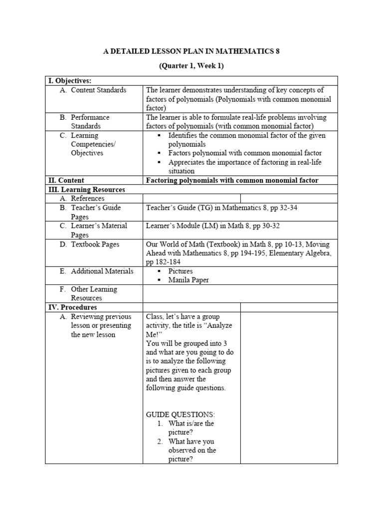 A Detailed Lesson Plan in Mathematics 8 2 | PDF | Polynomial ...