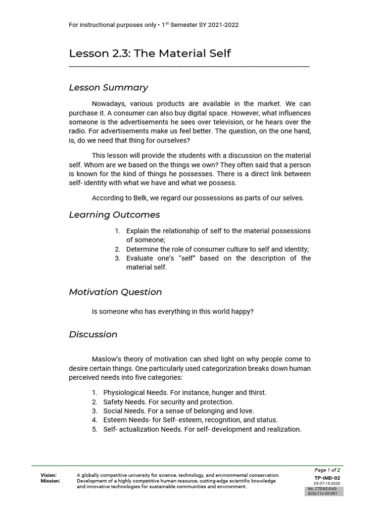 Module 2 Lesson 2.3 The Material Self UTS | PDF | Social Psychology | Psychology