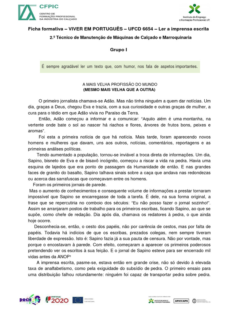 Ficha de Trabalho - A Mais Antiga Profissão Do Mundo - Ler A Imprensa Escrita | PDF | Adão e Eva ...
