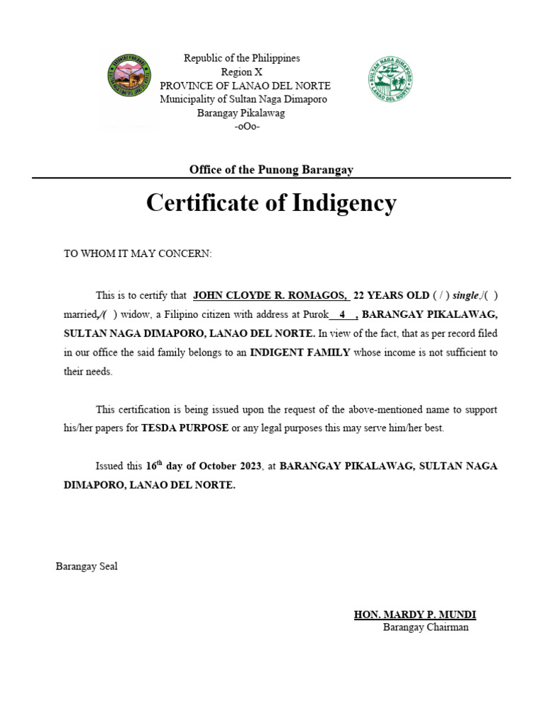 Indigent For School Admission | PDF