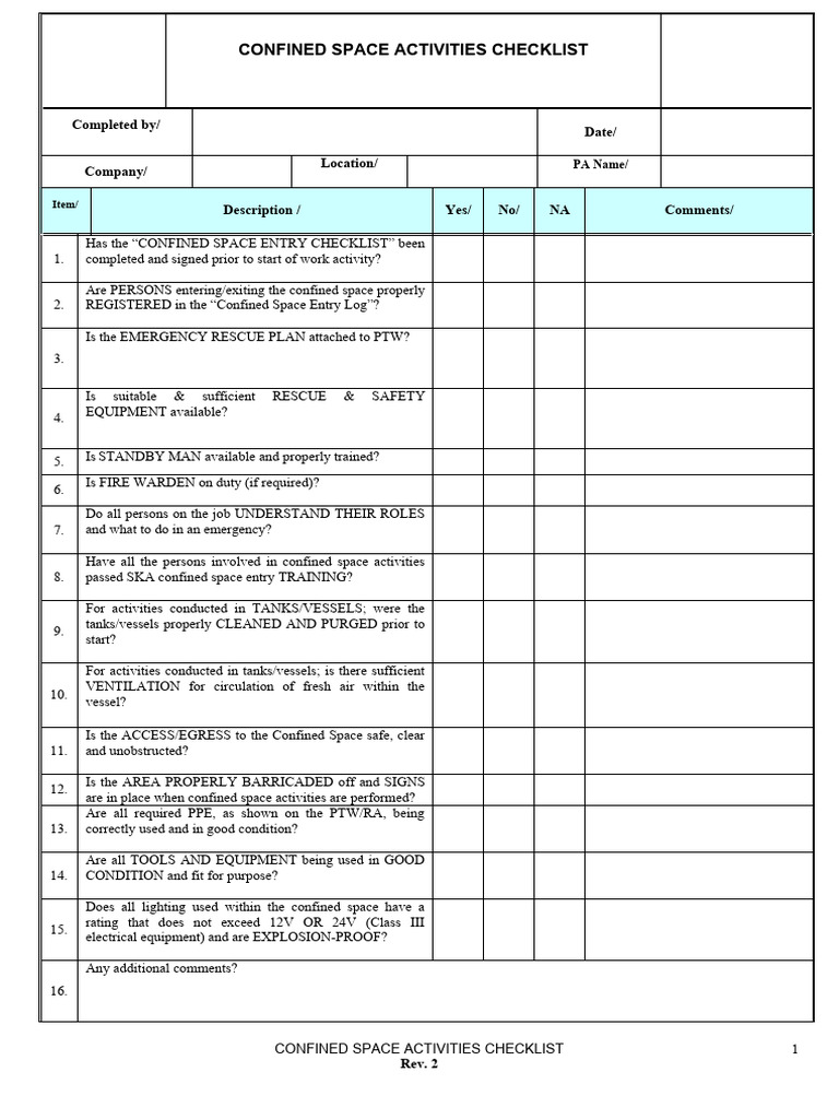 Confined Space Activities Checklist | PDF | Labor Relations | Hazards