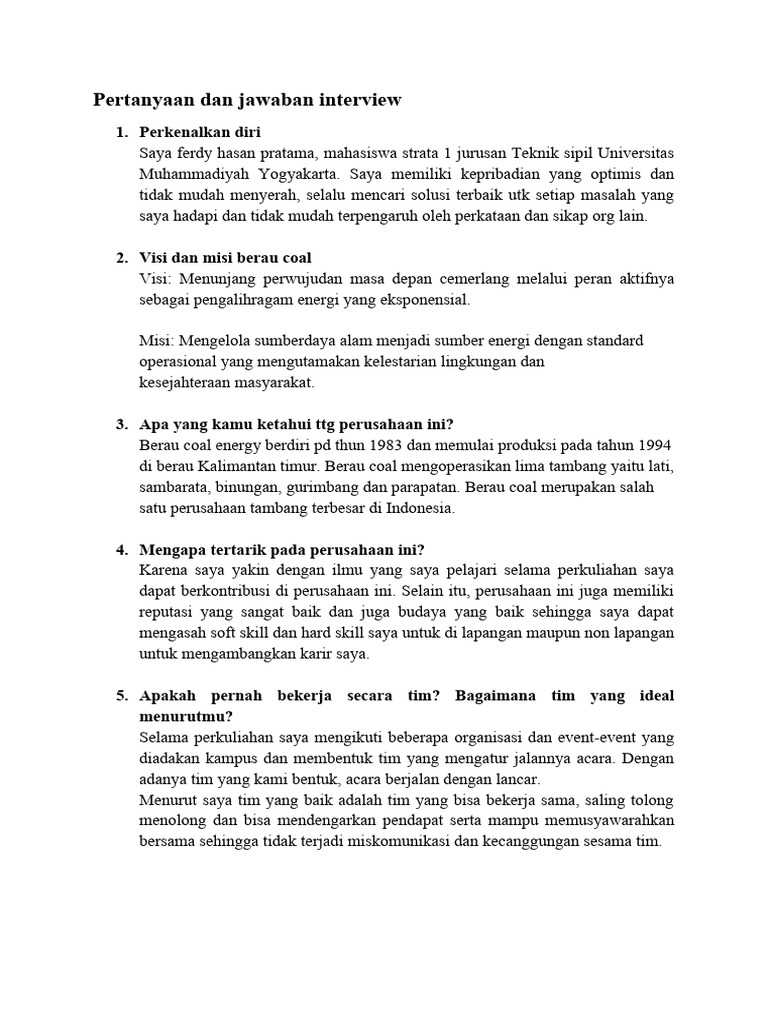 Pertanyaan Dan Jawaban Interview Berau Coal | PDF