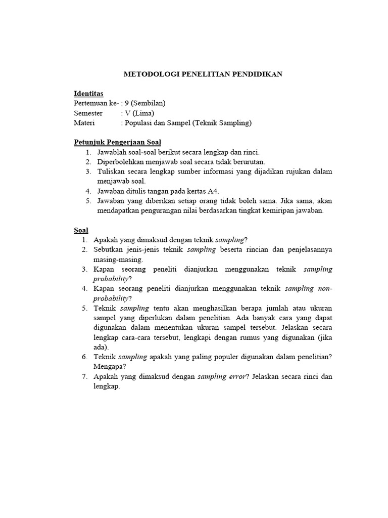 Pertemuan 9. Soal Populasi Dan Sampel - Teknik Sampling | PDF Pertemuan 9. Soal Populasi Dan Sampel - Teknik Sampling | PDF
