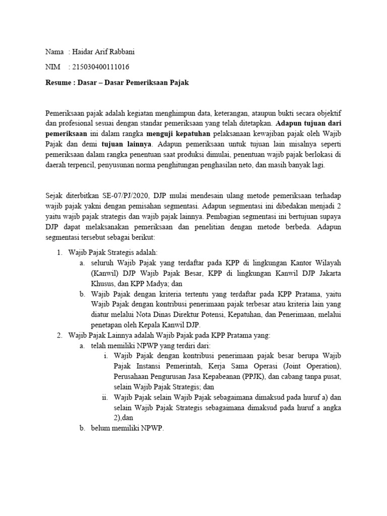Haidar Arif Rabbani - Dasar-Dasar Pemeriksaan Pajak | PDF Haidar Arif Rabbani - Dasar-Dasar Pemeriksaan Pajak | PDF