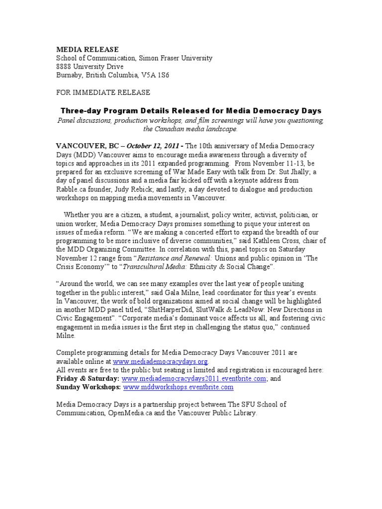 Media Democracy Days 2011 Program Details | PDF