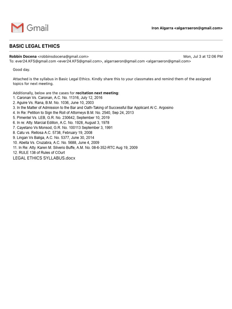 Basic Legal Ethics Email From Atty. Docena | PDF