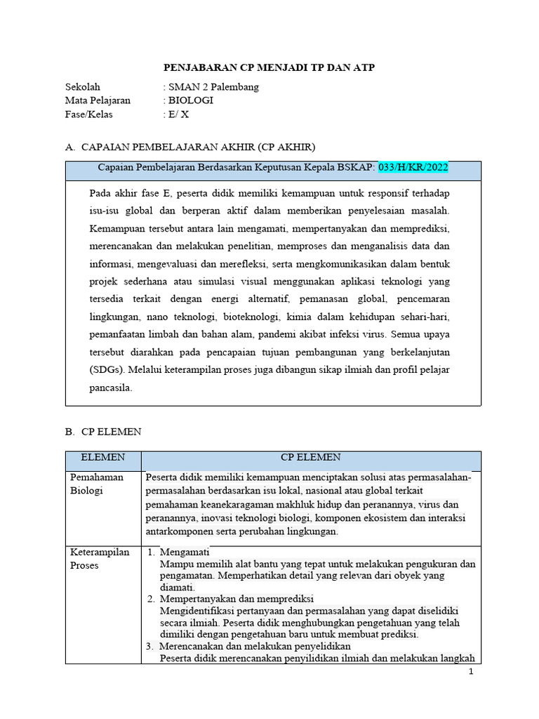 Penjabaran CP Menjadi TP Dan Atp | PDF