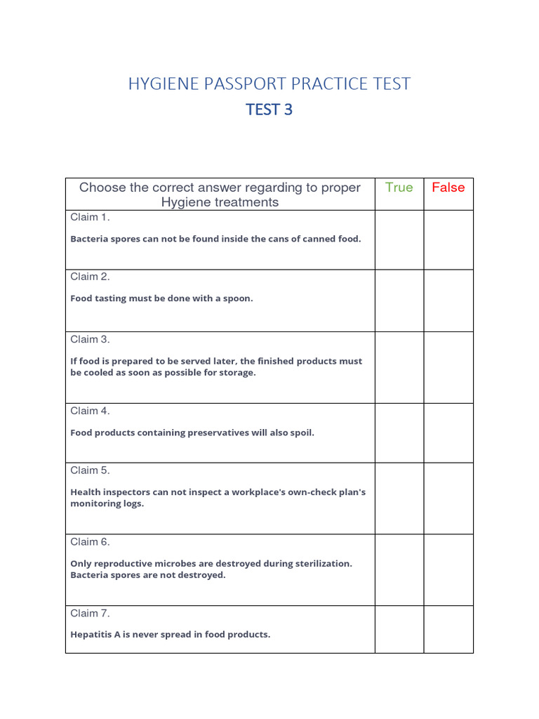 Test 3 - Hygiene Passport Practice Test | PDF | Hygiene | Sterilization ...