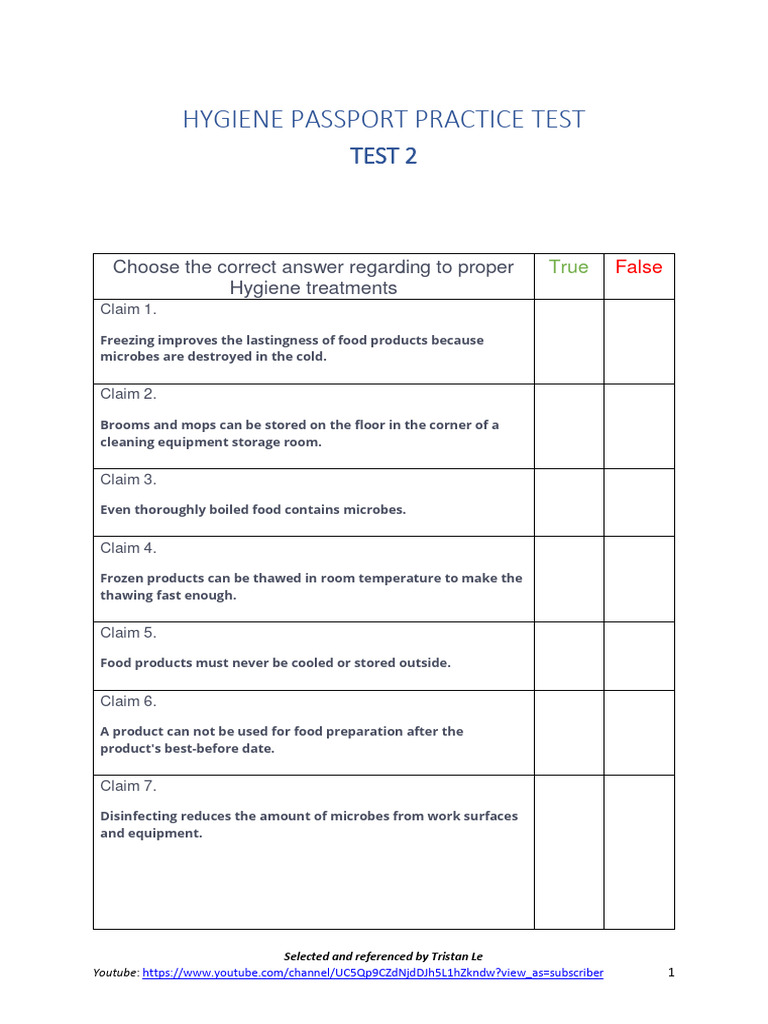 Test 2 - Hygiene Passport Practice Test | PDF | Shelf Life | Milk