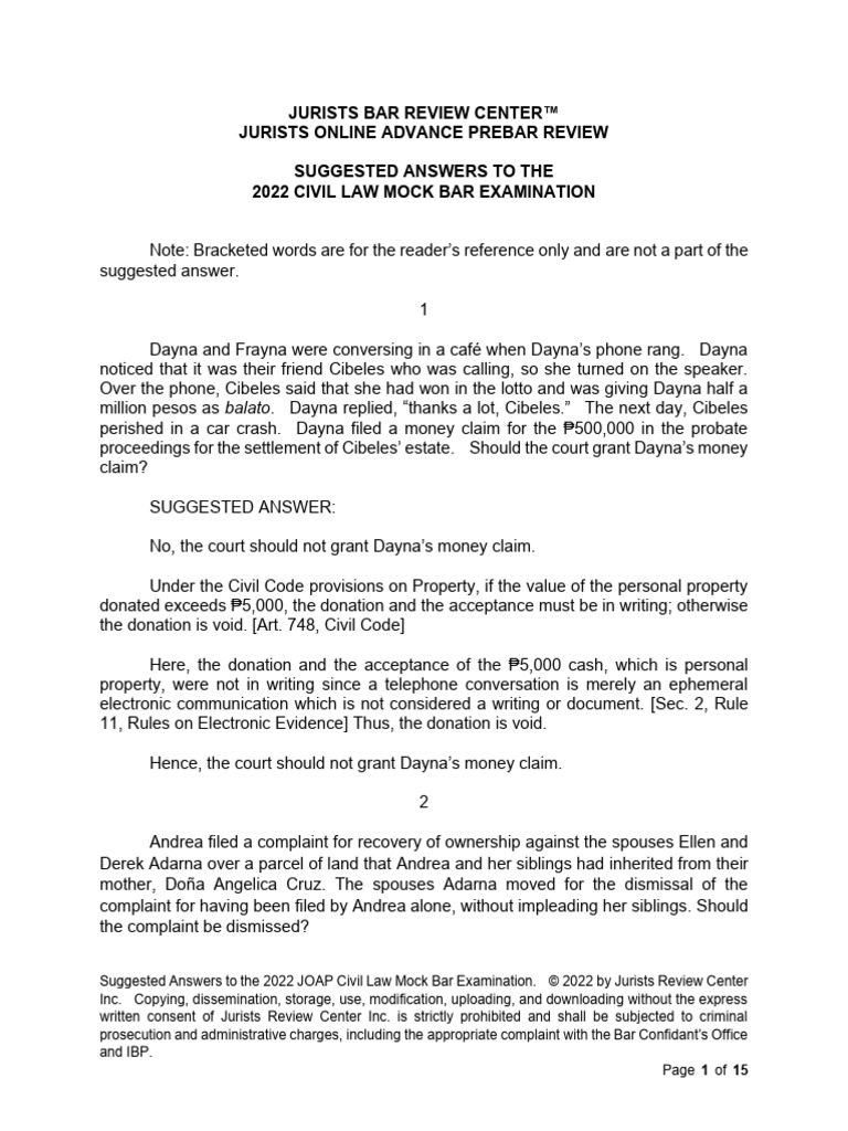 Suggested Answers To The 2022 JOAP Civil Law Mock Bar Examination | PDF ...