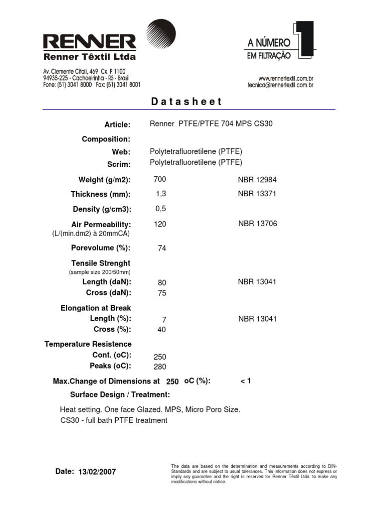 PTFE Data Sheet for Renner 704 MPS | PDF