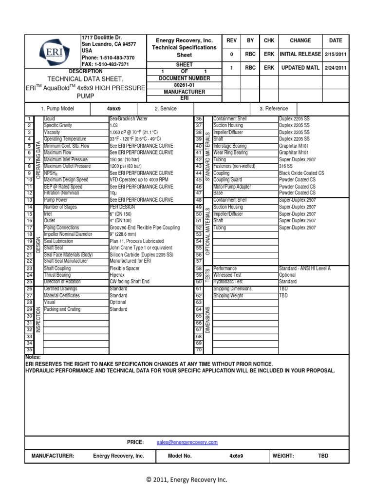 80261-01 r1 Technical Data Sheet, AquaBold High Pressure Pump, 4x6x9 ...