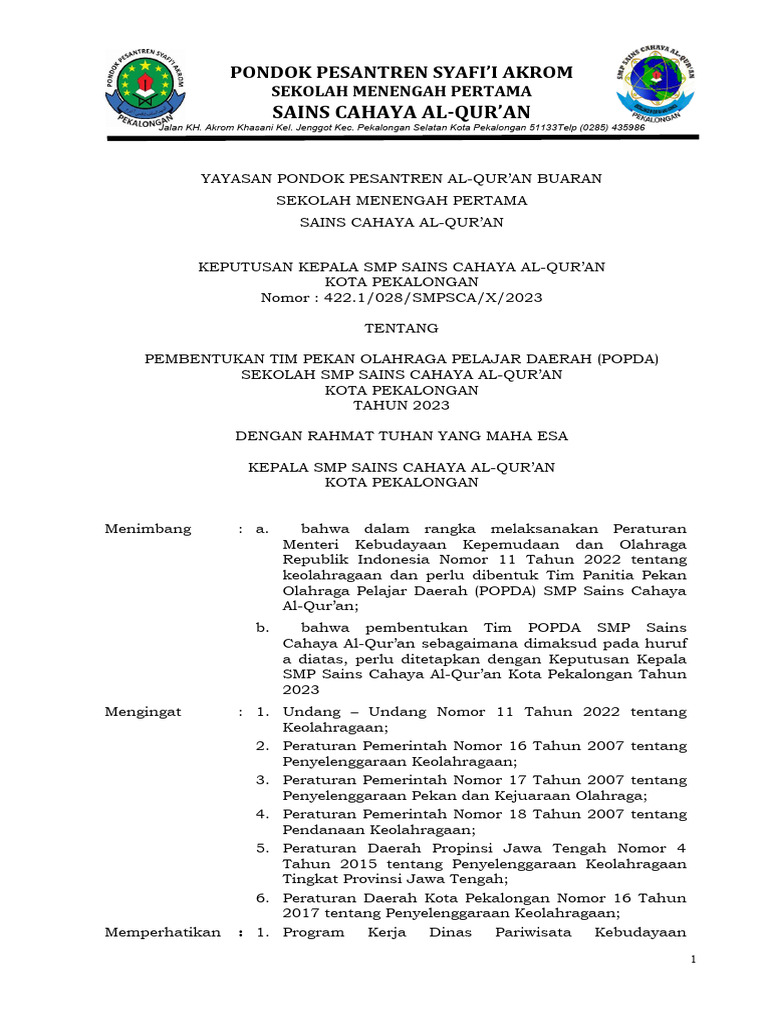 Pembentukan Tim POPDA SMP Sains CAQ | PDF