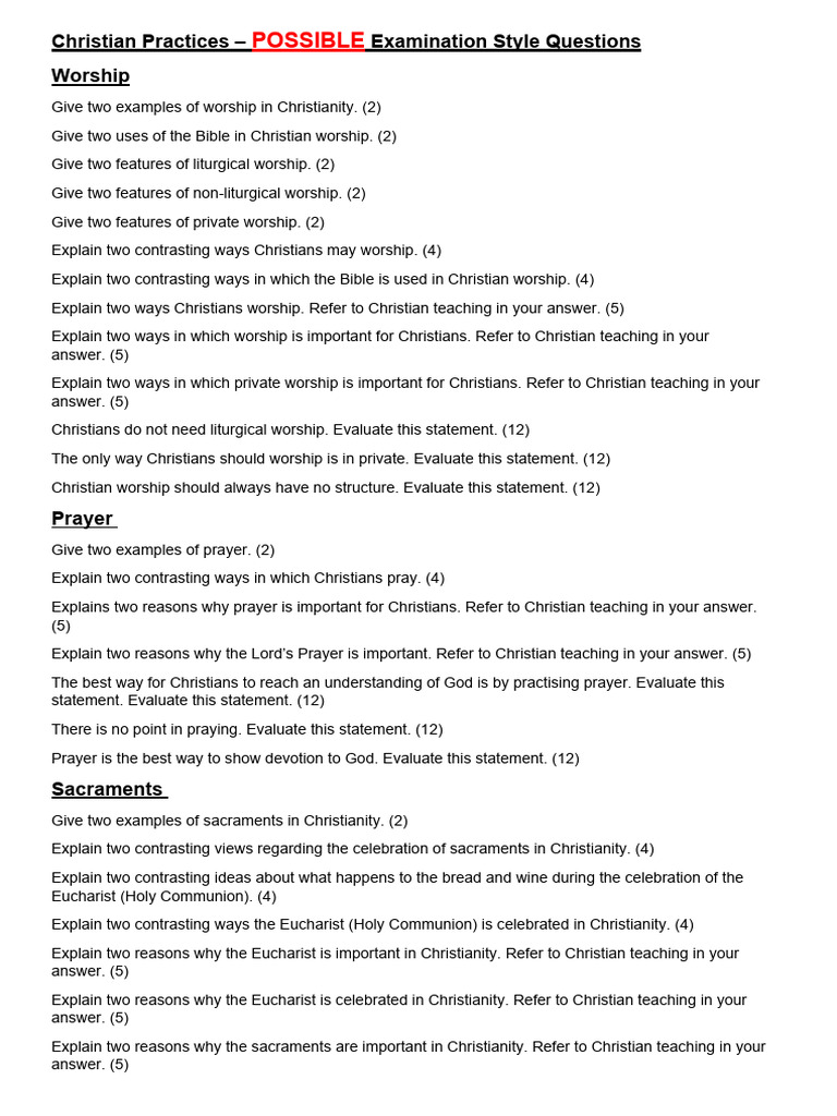 Christian Practices Exam Questions | PDF | Sacraments | Eucharist