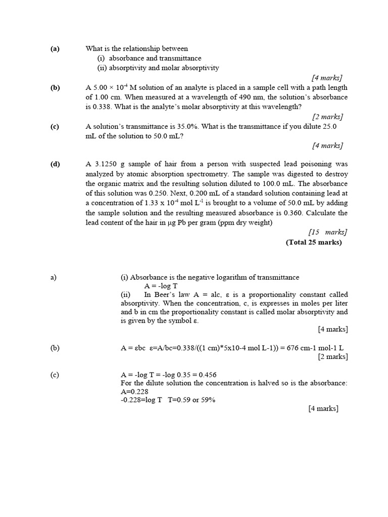 Example Examquestions Answers | PDF | Absorbance | Mole (Unit)