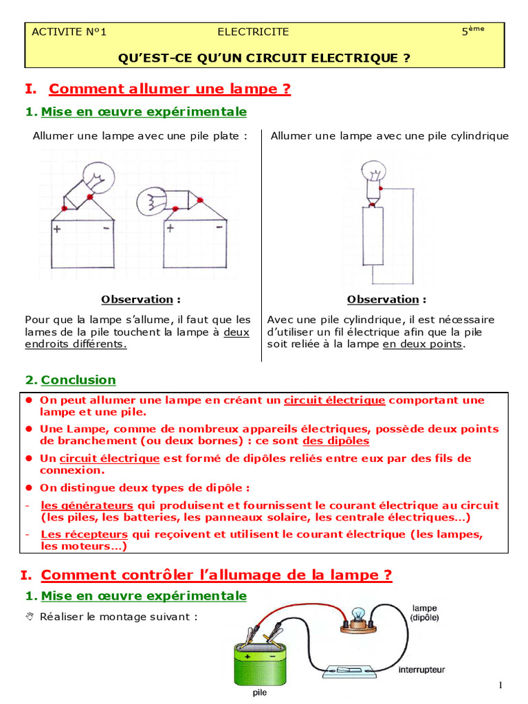 Allumer une lampe : circuit électrique 5ème | PDF