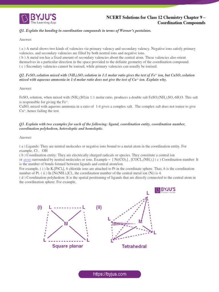 Class 12 NCERT Solutions: Coordination Compounds | PDF | Coordination ...