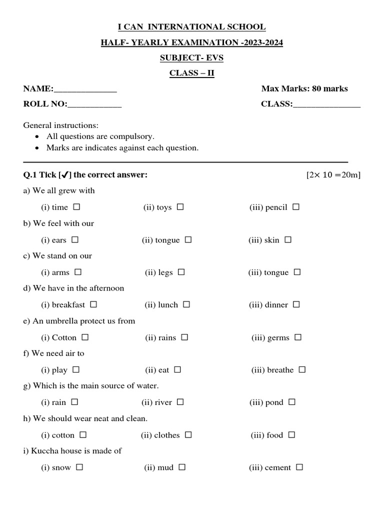 Class 2 Evs Exam | PDF