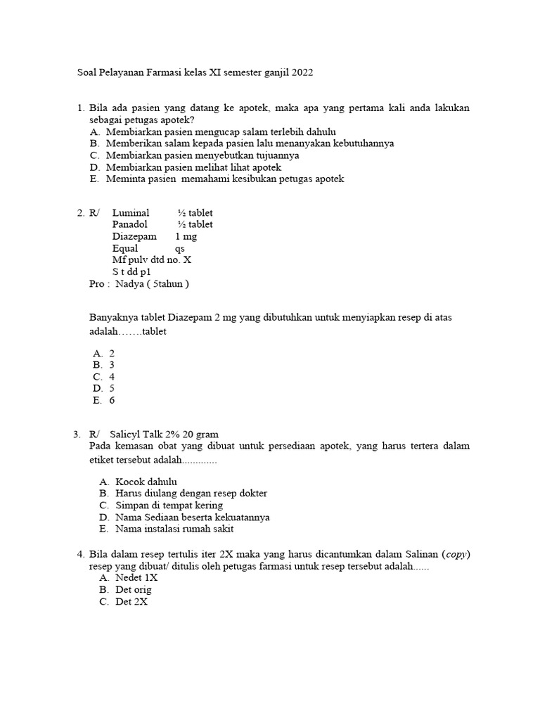 Soal Pelayanan Farmasi Kelas XI Semester Ganjil 2022 | PDF