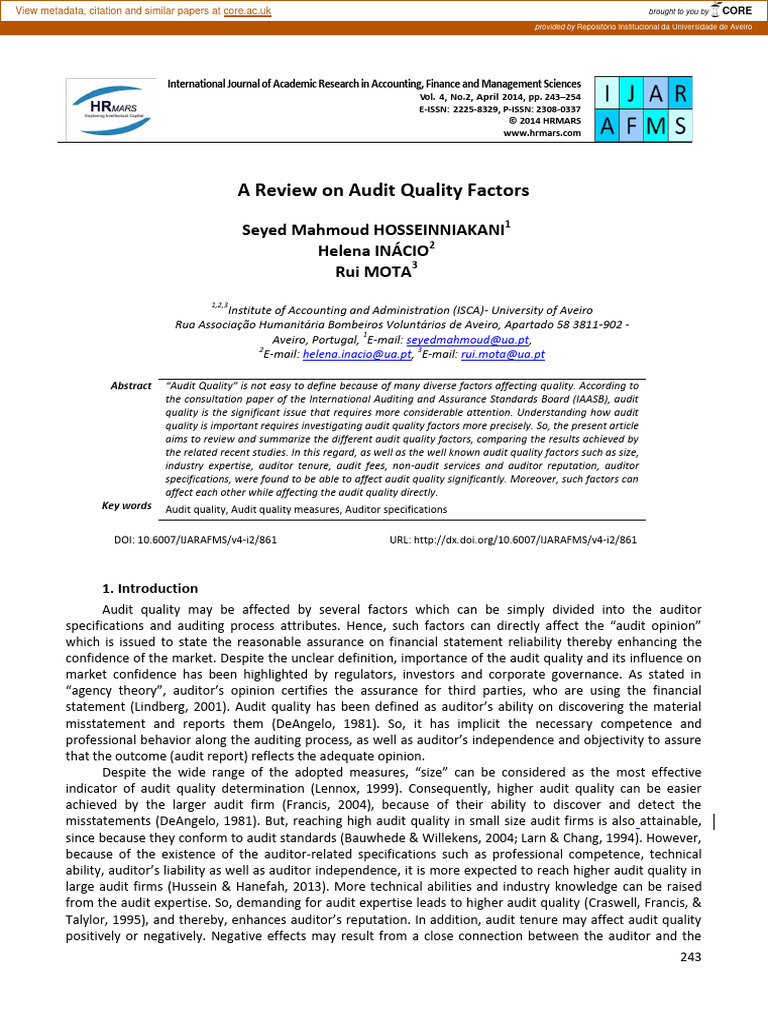 A Review On Audit Quality Factors: Seyed Mahmoud HOSSEINNIAKANI Helena INÁCIO Rui Mota | PDF ...