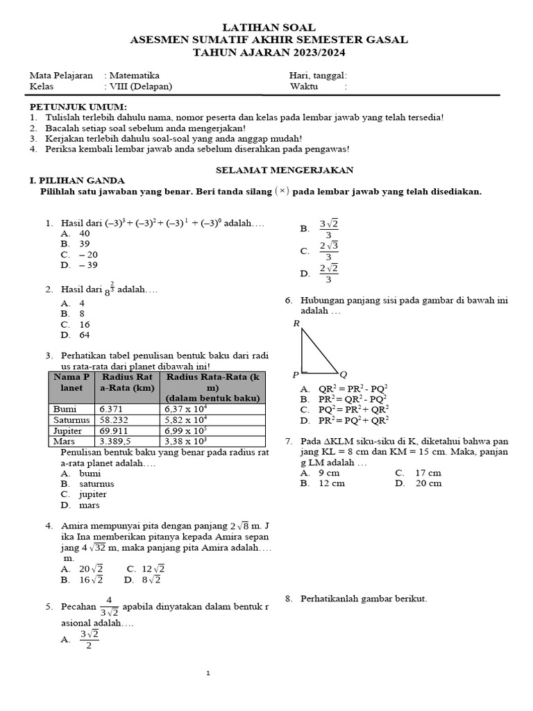 Prediksi Soal Matematika Asas Gasal KLS 8 2023-2024 | PDF