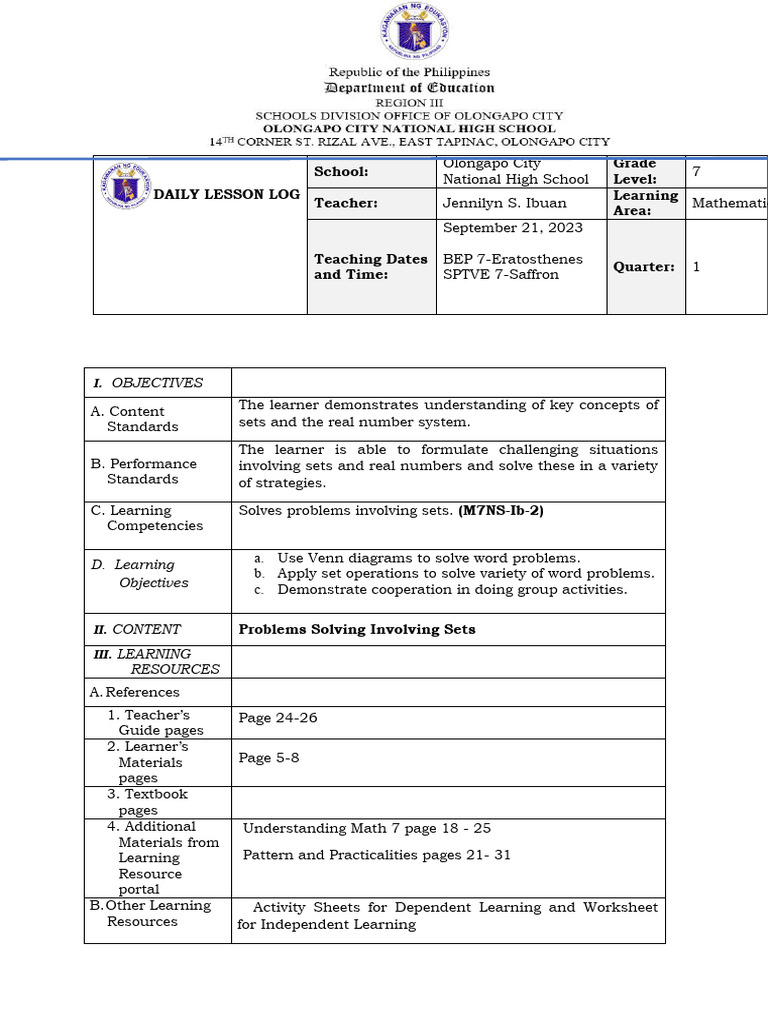 Problem Solving Involving Sets | PDF | Learning | Teachers