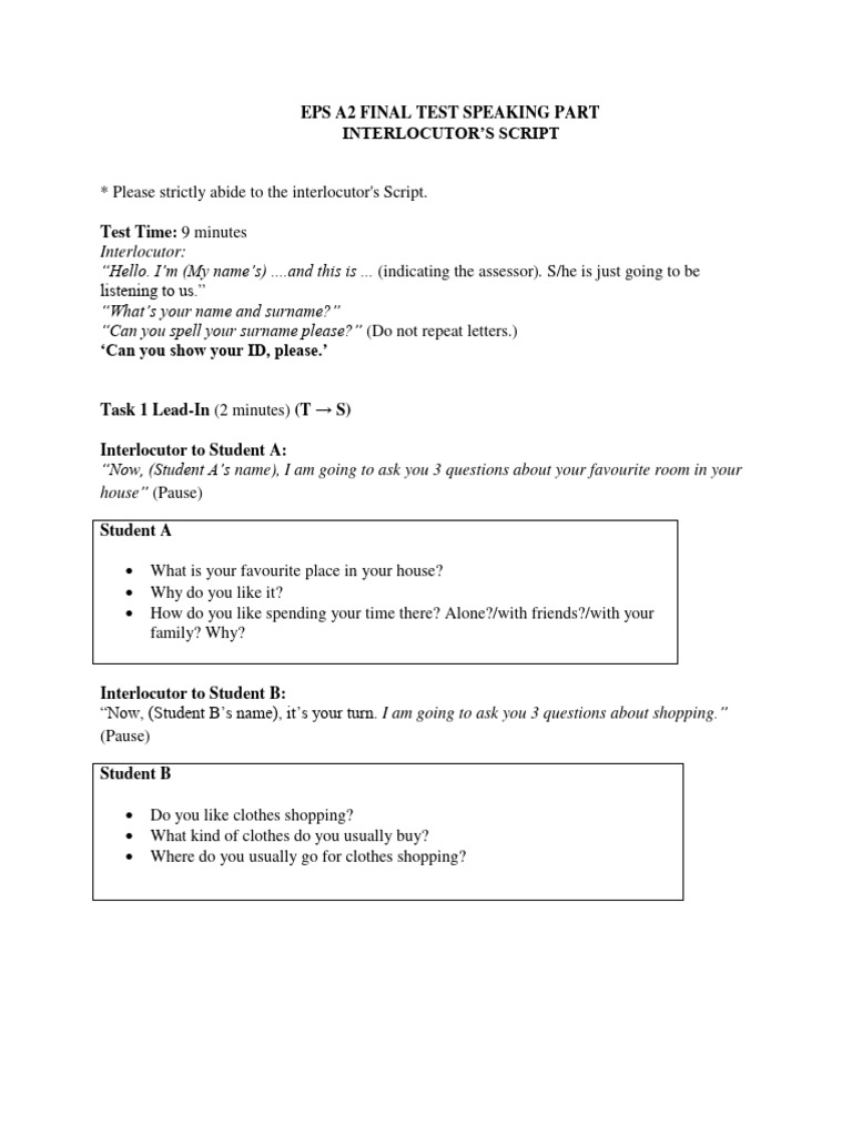Eps A2 Final Test Speaking Part Interlocutor'S Script | PDF | Language ...