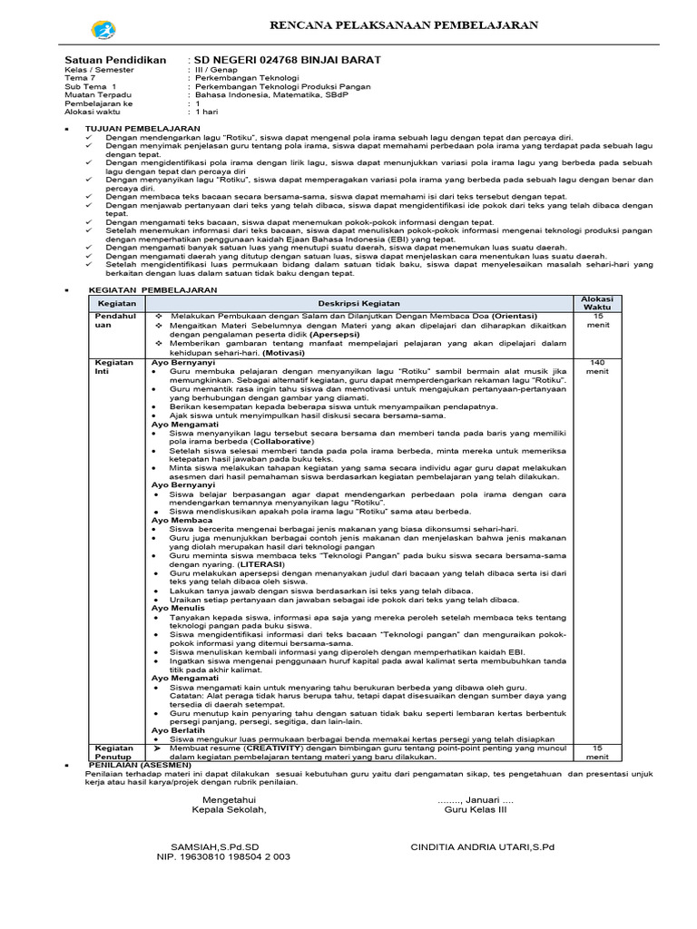 RPP Kelas 3 SD Semester 2 Tema 7 | PDF