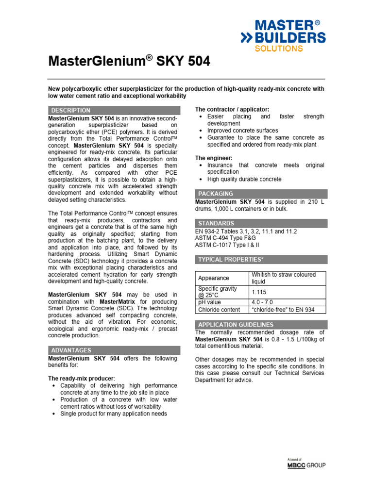 Masterglenium Sky 504 Tds | PDF | Concrete | Cement
