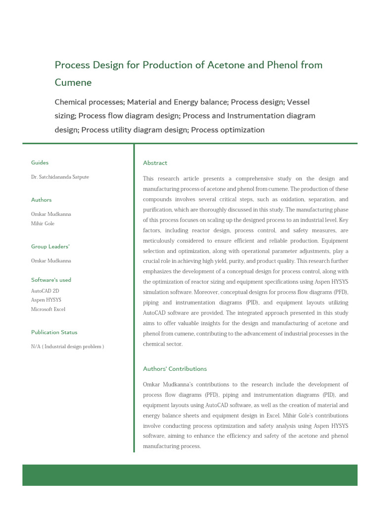 Process Design For Production of Acetone and Phenol From Cumene | PDF ...