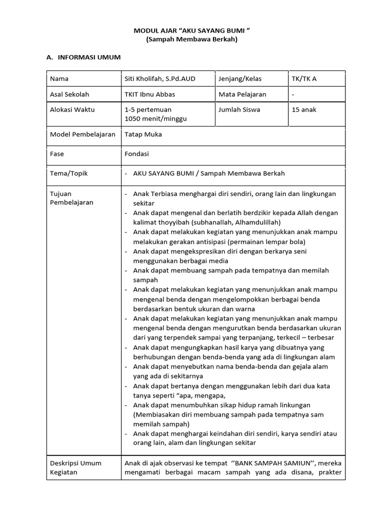 Modul Ajar "Aku Sayang Bumi " (Sampah Membawa Berkah) A. Informasi Umum | PDF