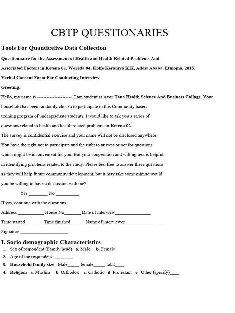 CBTP Questionaries - Docx Tsegaye | PDF | Room | Latrine