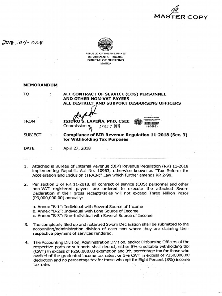 Mem-2018-04-028 Compliance of BIR Revenue-Regulation | PDF
