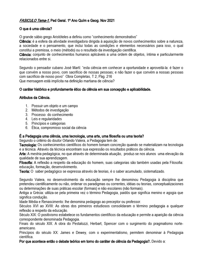 FASICULO Tema-1. Ped Geral. 1º Ano. Cursos de Quím e Geog. Nov 2021 | PDF | Pedagogia | Science
