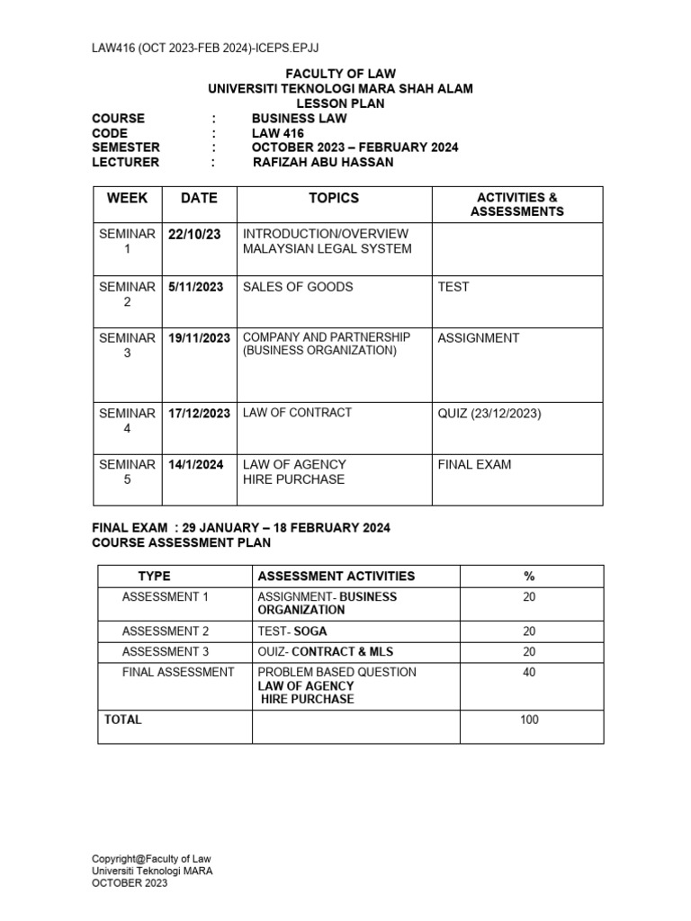 Lesson Plan Law416 Oct 2023 | PDF | Law