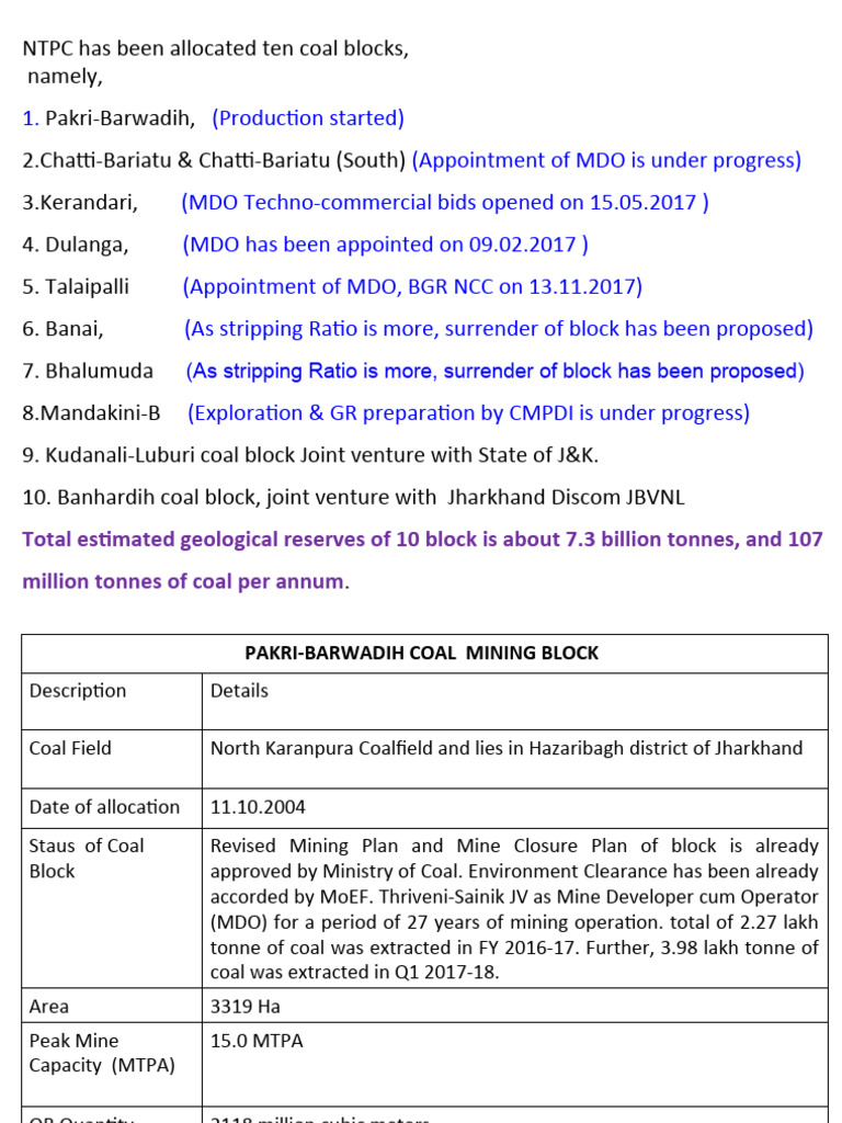 NTPC Coal Block Status | PDF | Coal Mining | Coal